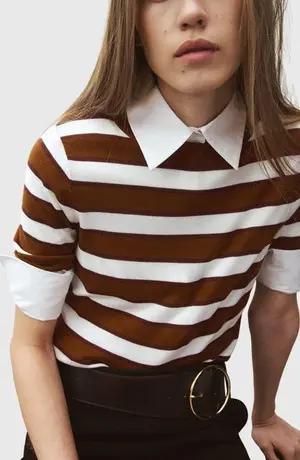 Mango Stripe Short Sleeve Sweater - Caramel