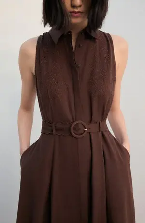 Mango Floral Embroidered Belted Shirt Dress
