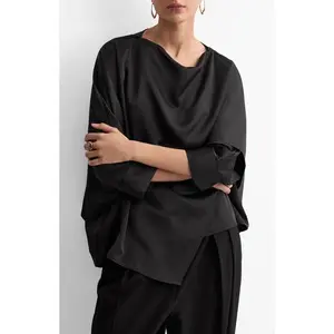 Mango Asymmetric Satin Top - Black