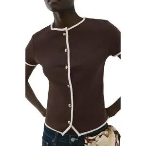 Mango Piped Trim Cotton Button-up Top - Chocolate