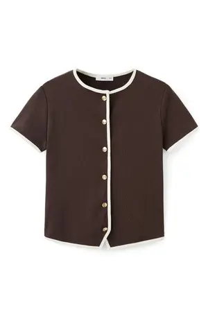 Mango Piped Trim Cotton Button-up Top - Chocolate