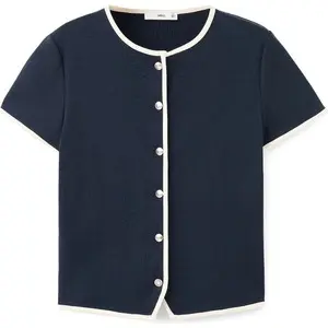 Mango Piped Trim Cotton Button-up Top - Dark Navy