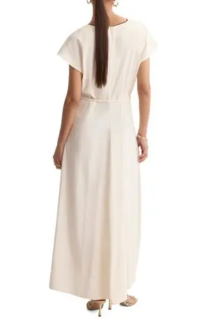 Mango Contrast Piping Belted Midi Dress - Ecru