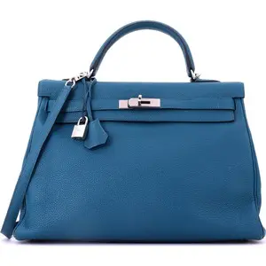 HERMES Kelly Handbag Blue Togo With Palladium Hardware 35 - Bleu De Galice