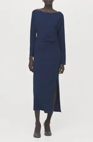 Mango Side Ruched Long Sleeve Dress - Navy