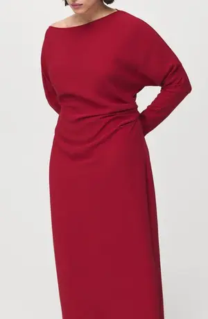 Mango Side Ruched Long Sleeve Dress - Red