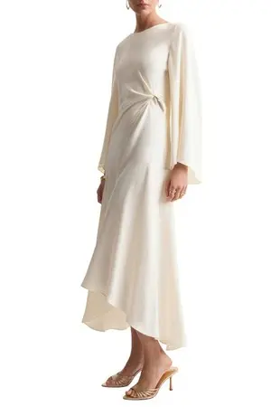Mango Flutter Sleeve Satin Dress Ecru