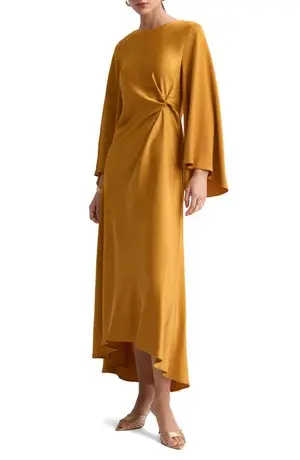 Mango Twist Flutter Sleeve Satin Dress - Ochre
