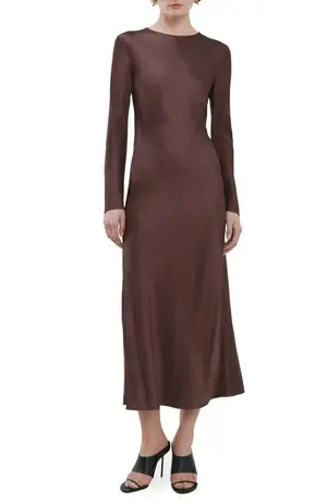 Mango Long Sleeve Satin Midi Dress - Brown