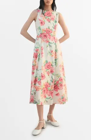 Mango Floral Sleeveless Cotton Midi Dress - Off White