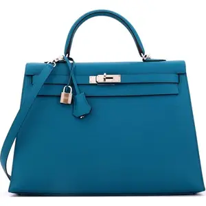 HERMES Kelly Handbag Blue Epsom With Palladium Hardware 35 - Bleu Izmir