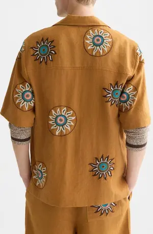 Scotch & Soda Embroidered Short Sleeve Linen Blend Button-up Shirt