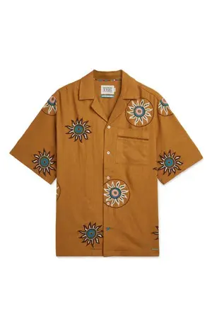 Scotch & Soda Embroidered Short Sleeve Linen Blend Button-up Shirt