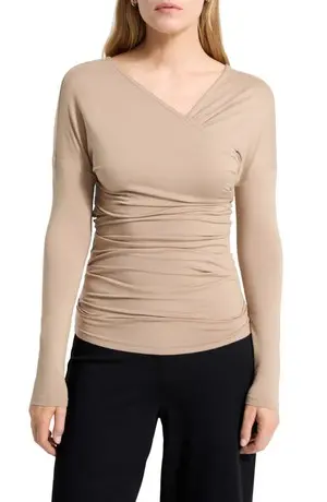 MARCELLA Jisoo Ruched Surplice Neck Jersey Top - Sand