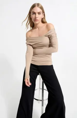 MARCELLA Ruched Surplice Neck Jersey Top - Sand