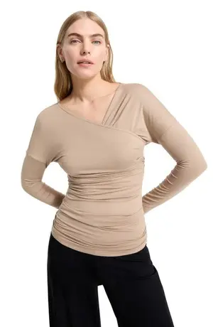 MARCELLA Ruched Surplice Neck Jersey Top - Sand