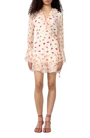 Diane Von Furstenberg Marianne Lip Print Ruffle Trim Minidress - Bisous Bisous Cloud Ivory