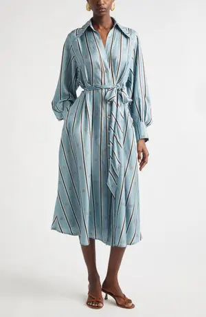 Zimmermann Emblem Tuck Long Sleeve Belted Midi Silk Shirtdress - Blue Emblem