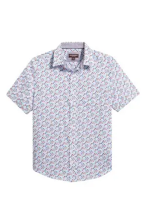 Johnston & Murphy Logan Dot Print Short Sleeve Cotton Blend Button-up Shirt - Blue/red Ocean Icons
