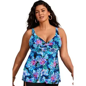 SWIMSUITS FOR ALL Bra Sized Sweetheart Underwire Tankini Top - Blue Black Hibiscus