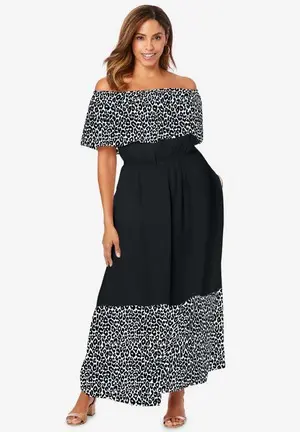 JESSICA LONDON Off-the-shoulder Maxi Dress - Pink Burst Graphic