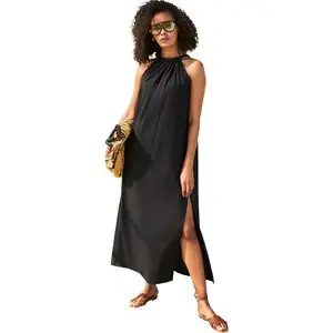 SWIMSUITS FOR ALL Cotton High Neck Maxi Dress Cover Up - Black
