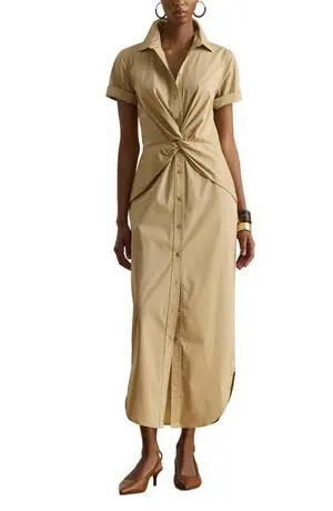 Ralph Lauren Twist Front Cotton Blend Shirtdress - Birch Tan Beige