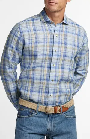 David Donahue Plaid Linen Button-up Shirt - Blue/dune