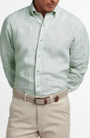 David Donahue Stripe Linen Button-down Shirt - Sage
