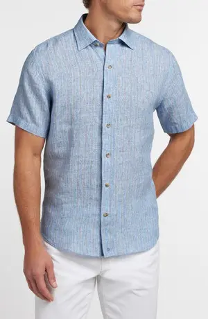 David Donahue Stripe Linen Short Sleeve Button-up Shirt - Blue