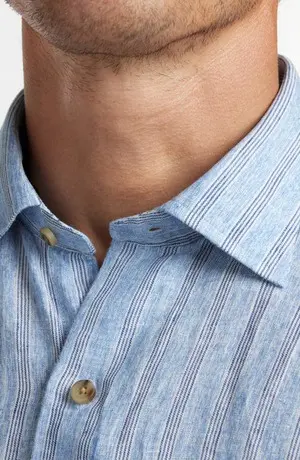 David Donahue Stripe Linen Short Sleeve Button-up Shirt - Blue