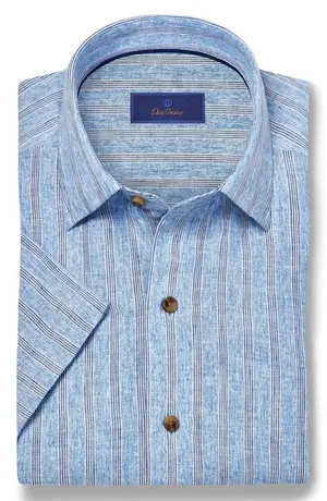 David Donahue Stripe Linen Short Sleeve Button-up Shirt - Blue