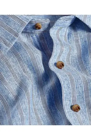 David Donahue Stripe Linen Short Sleeve Button-up Shirt - Blue