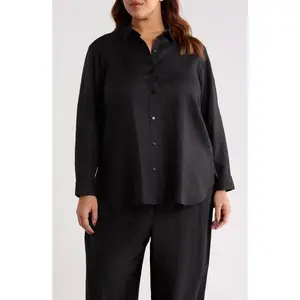 EILEEN FISHER Classic Collar Organic Linen Long Button-Up Shirt