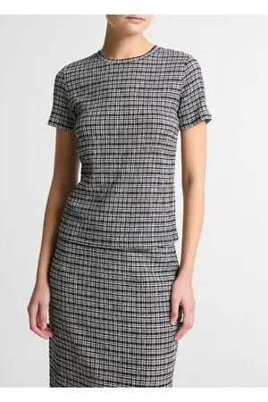 Vince Plaid Grid-knit Short-sleeve Crew Neck Top - Natural