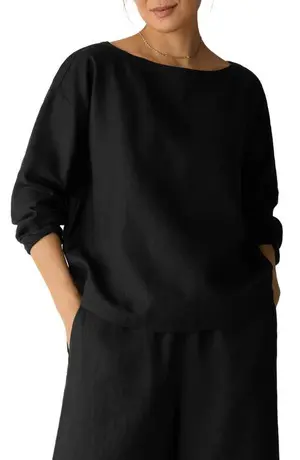 Eileen Fisher Boxy Bateau Neck Organic Linen Top - Black