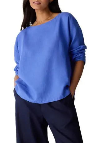 Eileen Fisher Boxy Bateau Neck Organic Linen Top - Blue Star