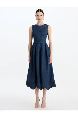Oscar De La Renta Cutout Denim Midi Dress - Floral