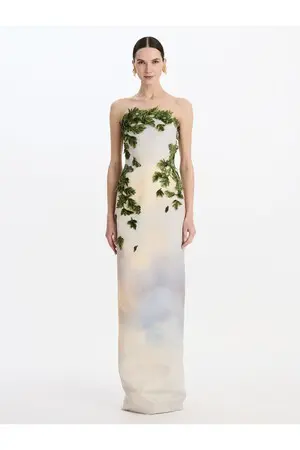 Oscar De La Renta Maple Leaf Appliqué Column Gown - Natural