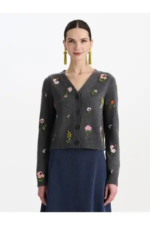 Oscar De La Renta Mini Mixed Botanical Threadwork V-neck Cardigan - Natural