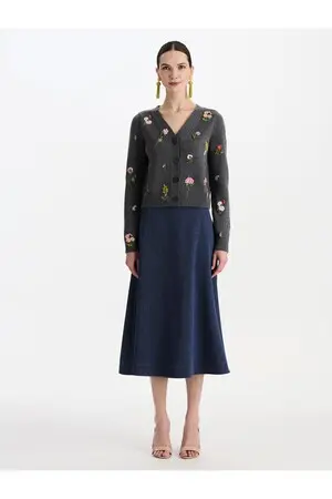 Oscar De La Renta Mini Mixed Botanical Threadwork V-neck Cardigan