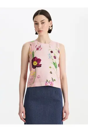 Oscar De La Renta Mixed Botanical Printed Tank - Natural