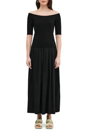 MARCELLA Mila Off The Shoulder Mixed Media Maxi Dress - Black