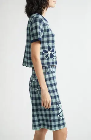 YANYAN Gingham Flower Jacquard Sweater