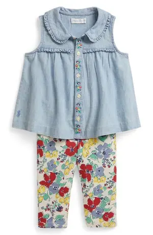 Ralph Lauren Embroidered Ruffle Chambray Top & Floral Jersey Leggings Set - New Medium Wash