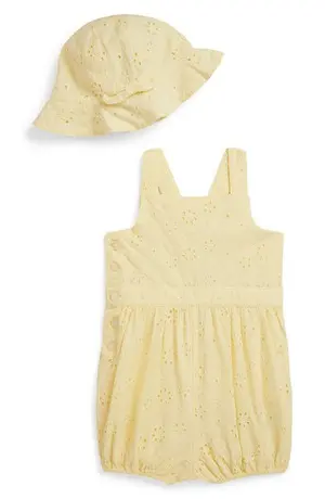 Ralph Lauren Bow Back Cotton Broderie Anglaise Bubble Romper & Sun Hat Set - T-bird Yellow