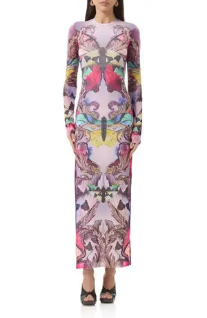 AFRM Didi Long Sleeve Mesh Maxi Dress - Ornate Butterfly