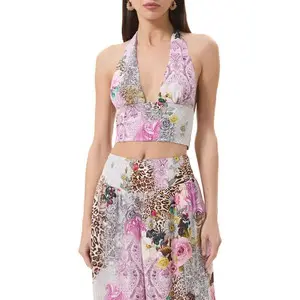 AFRM Sylas Mix Print Plunge Halter Neck Crop Top - Natural Patchwork