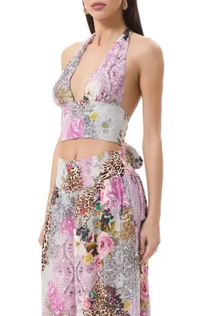 AFRM Sylas Mix Print Plunge Halter Neck Crop Top