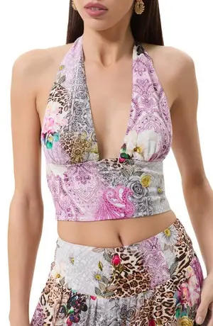 AFRM Sylas Mix Print Plunge Halter Neck Crop Top